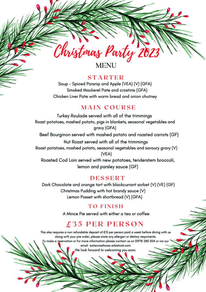 Christmas 2023 Menu - Cross Foxes - Erbistock